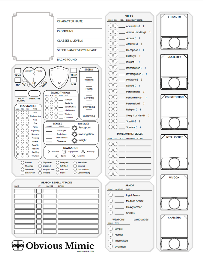 Free 5e Character Sheet (Printable + Fillable + Template) – Obvious ...