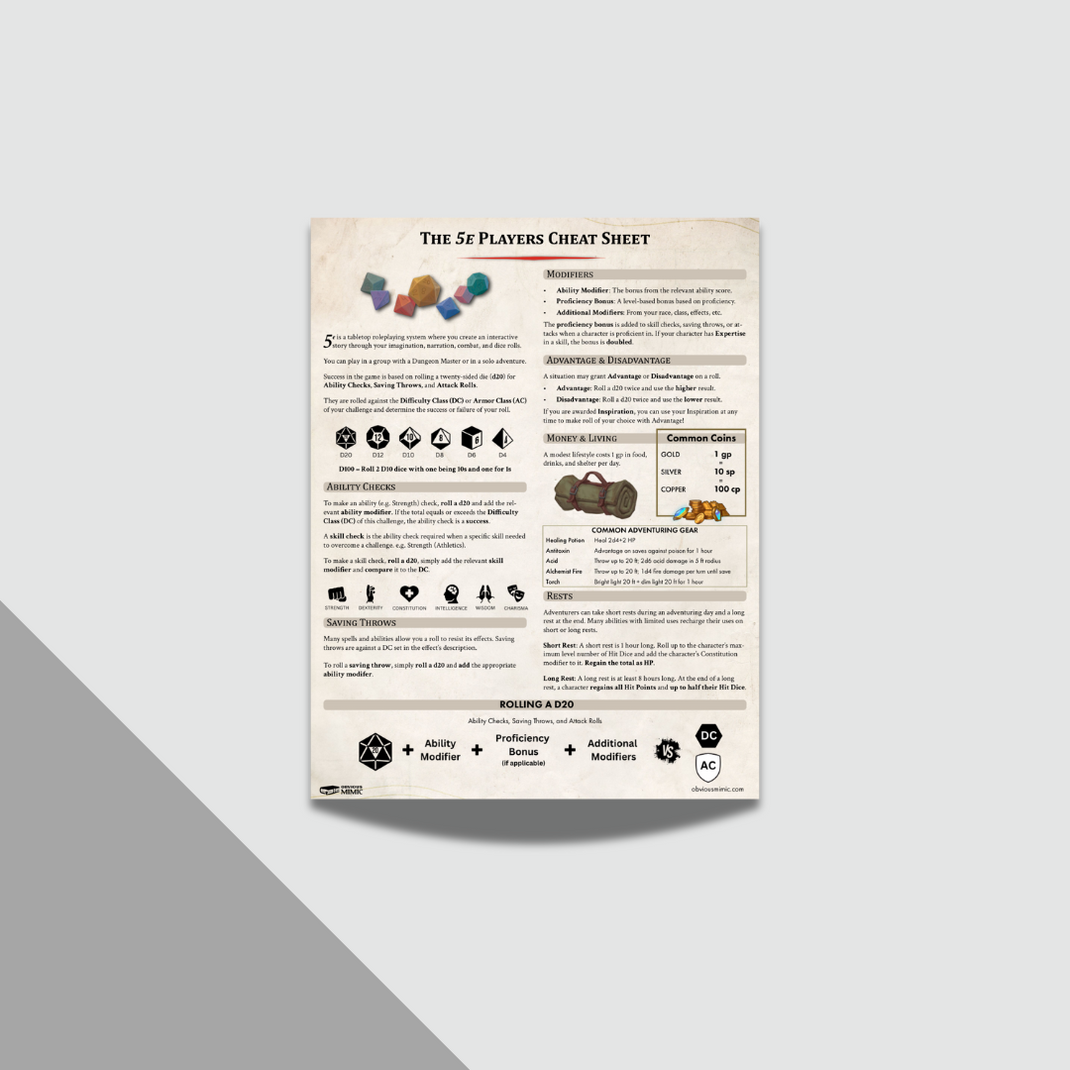 5e Players Cheat Sheet - DnD 5th Edition – Obvious Mimic Press